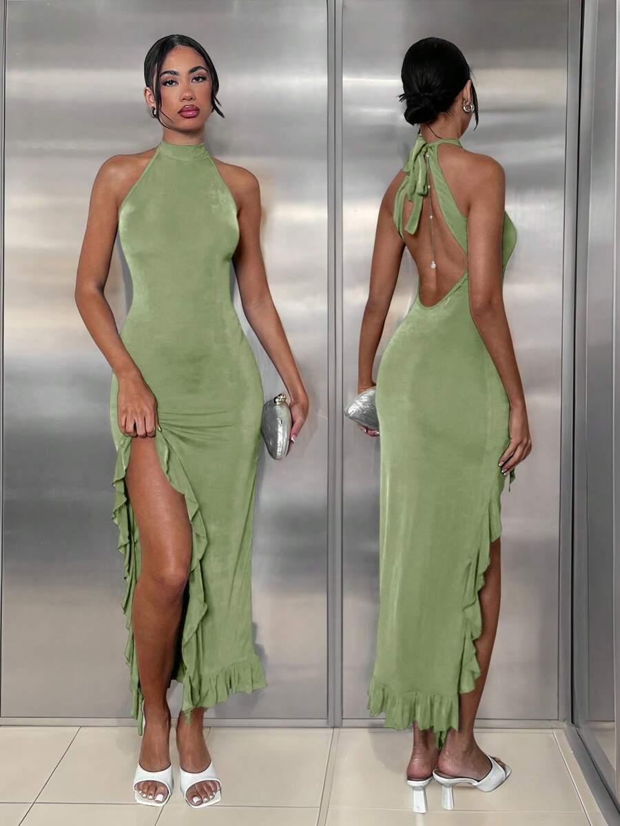 Glamine Solid Color High Slit Ruffle Hem Backless Bodycon Dress ...