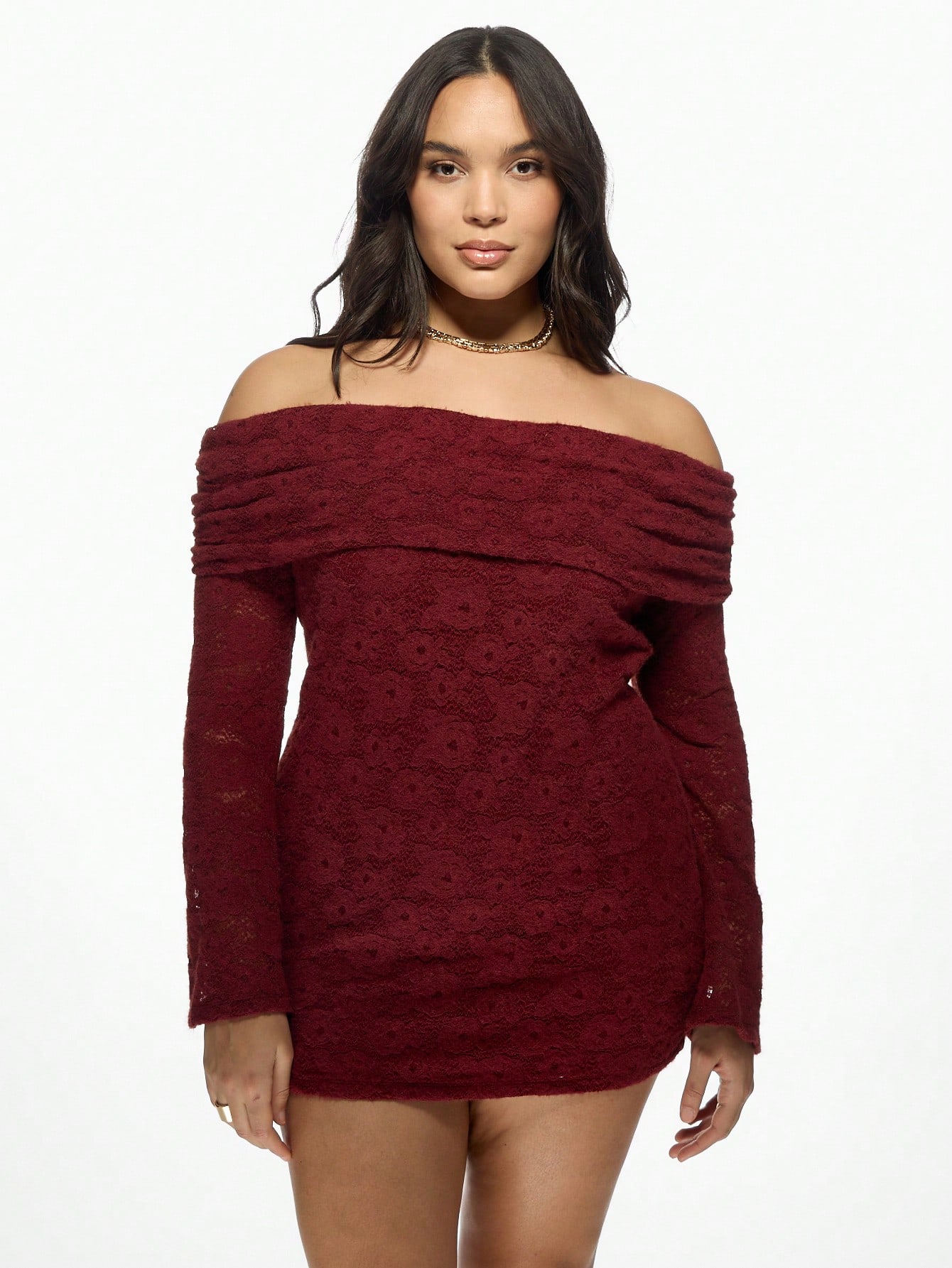 MISSGUIDED PLUS Lace Off Shoulder Flare Long Sleeves Bodycon Bardot ...