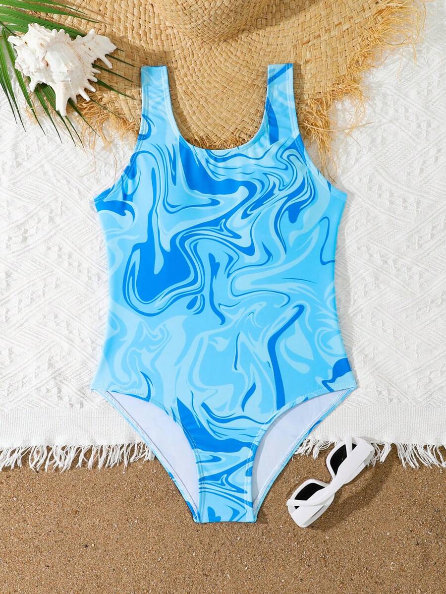 SHEIN Tween Girls One-Piece Swimsuit, Random Marble Print Design | SHEIN UK