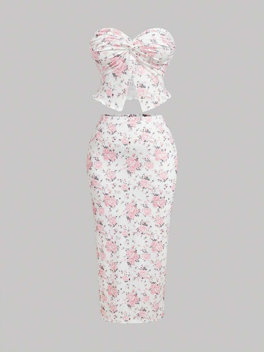 SHEIN MOD Plus Size Rose Print Twist Front Top And Bodycon Long Skirt 2 ...