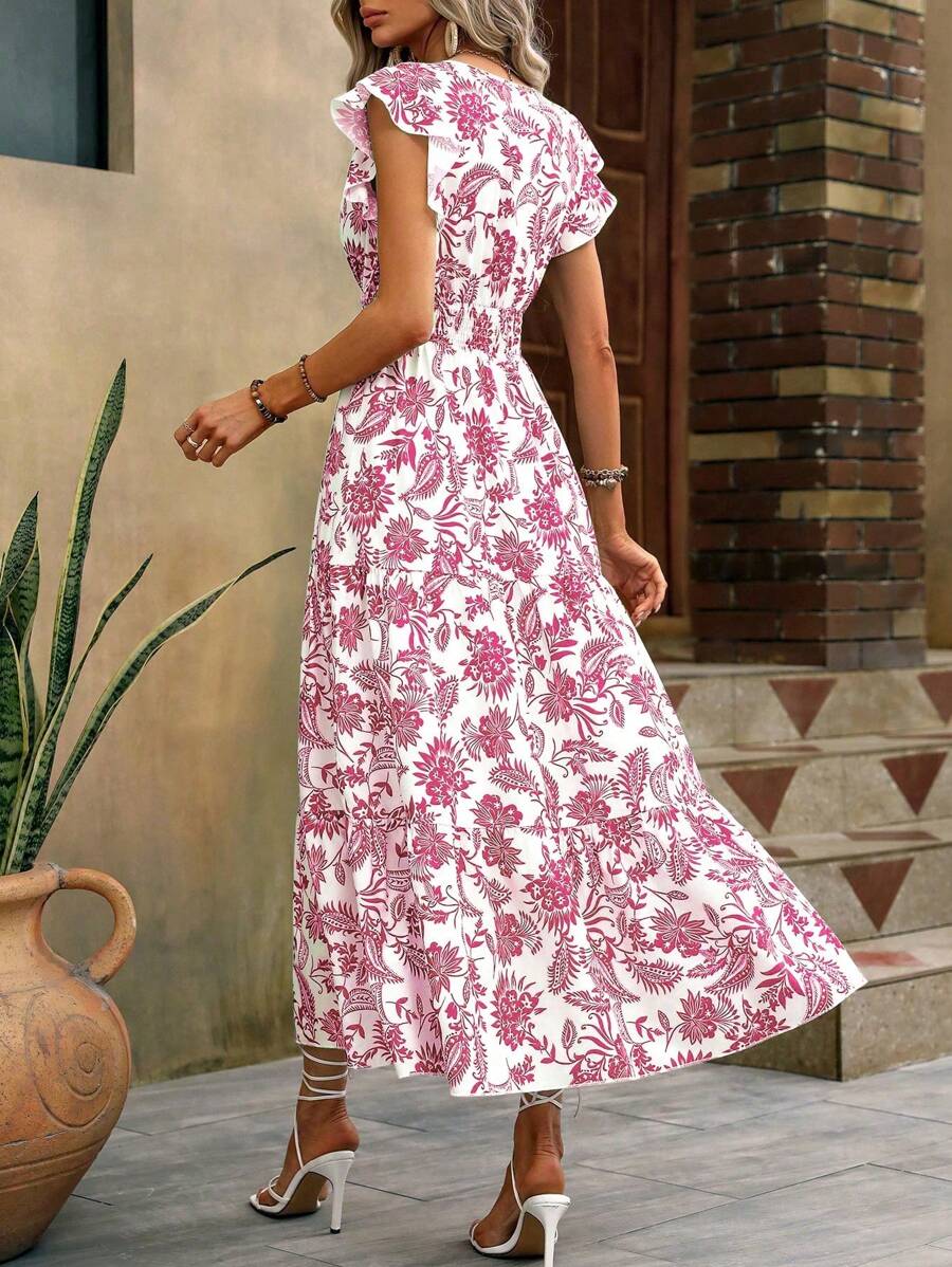 SHEIN Clasi Floral Print Butterfly Sleeve Ruffle Hem Dress Maxi Women Outfit | SHEIN USA