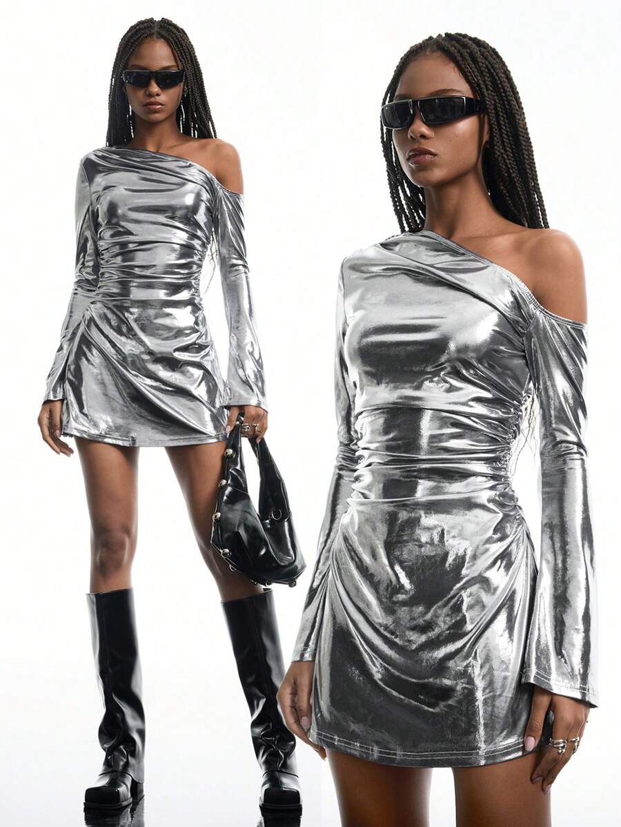 LYSMO Women's Summer Fashionable Party Y3k Metallic Asymmetrical Neck ...