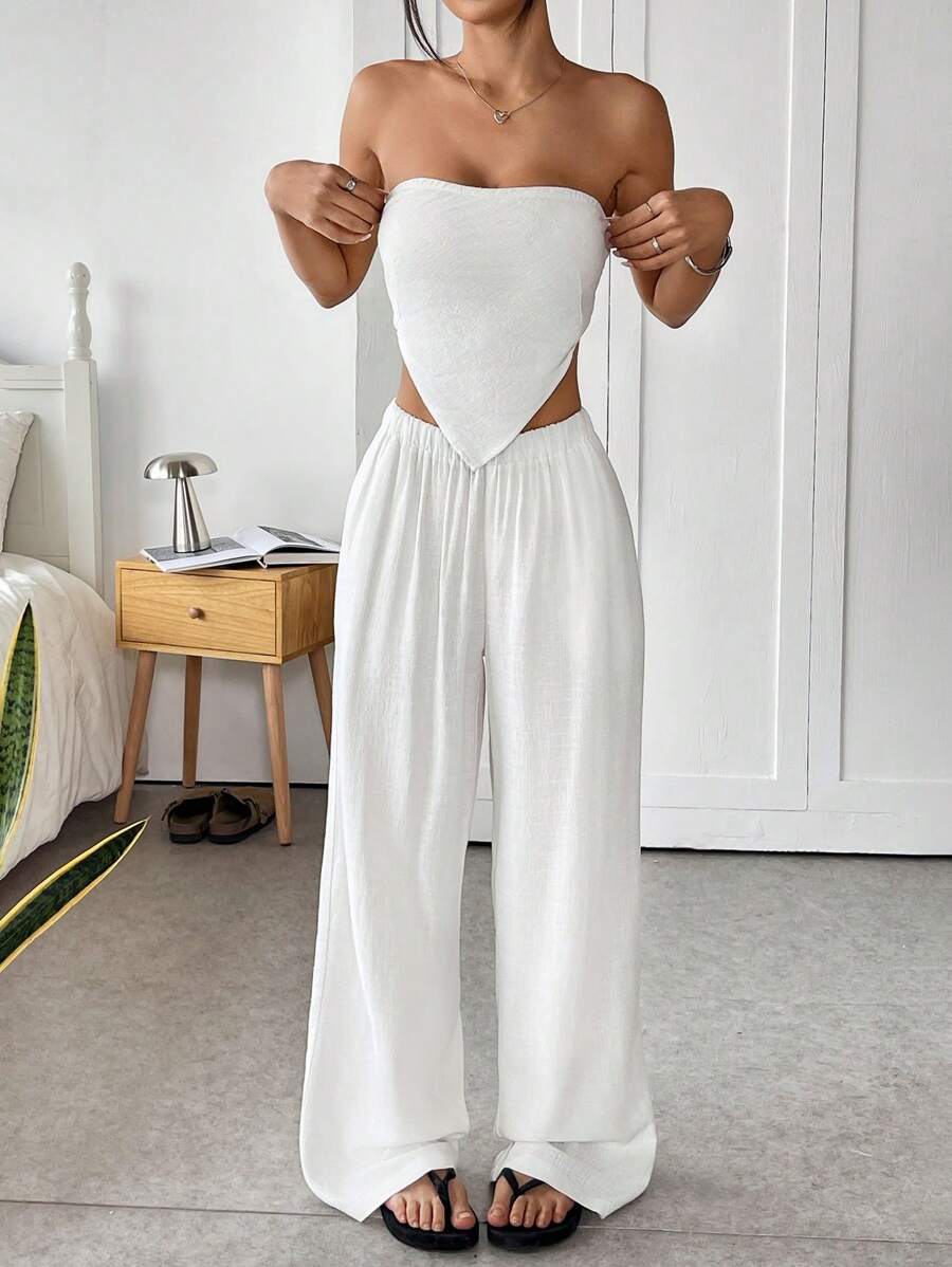 SHEIN EZwear 2pcs Set Linen Elegant Date Night Solid Color Bandeau ...