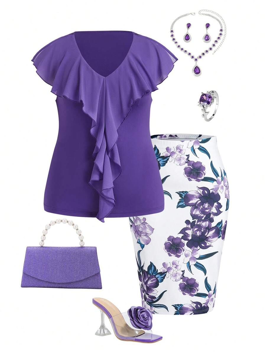 Ellevyn Plus Size Elegant Ruffle Trim Purple Fitted Top And Skirt 2 ...