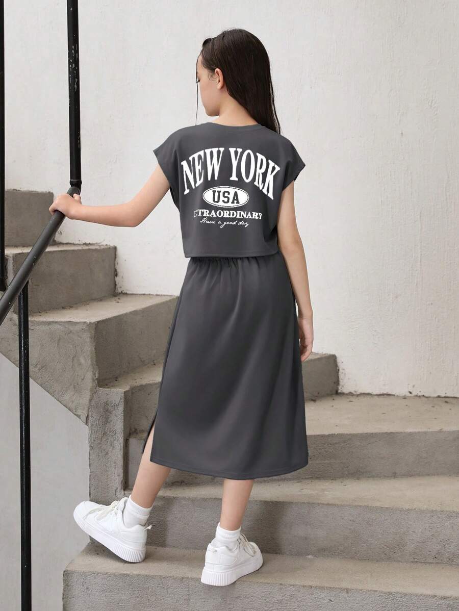 SHEIN Tween Girl Loose Casual Backprint Split Crew Neck Drop Shoulder ...