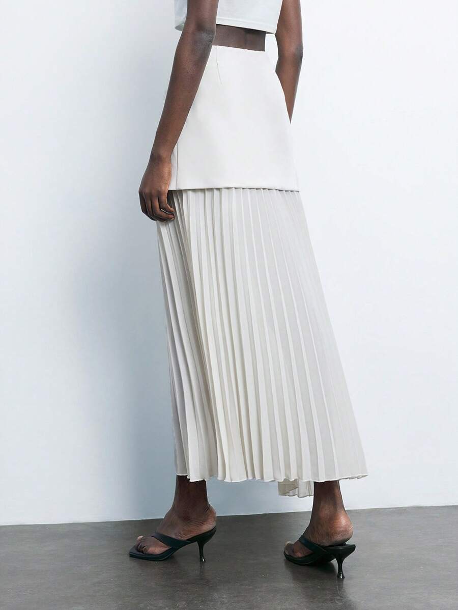 Maija Women's Black Chiffon Pleated Patchwork Skirt, Stylish Urban Elegant Versatile ...