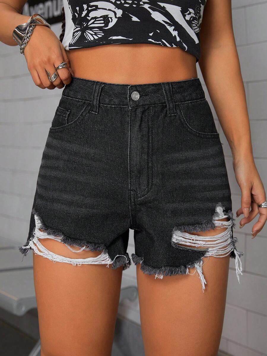 SHEIN ICON Retro Distressed Washed Frayed Hem Women Denim Shorts ...