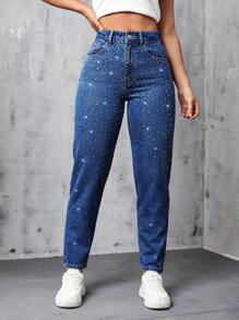 SHEIN PETITE Jeans aderenti da donna con tasche e decorazioni in strass ...