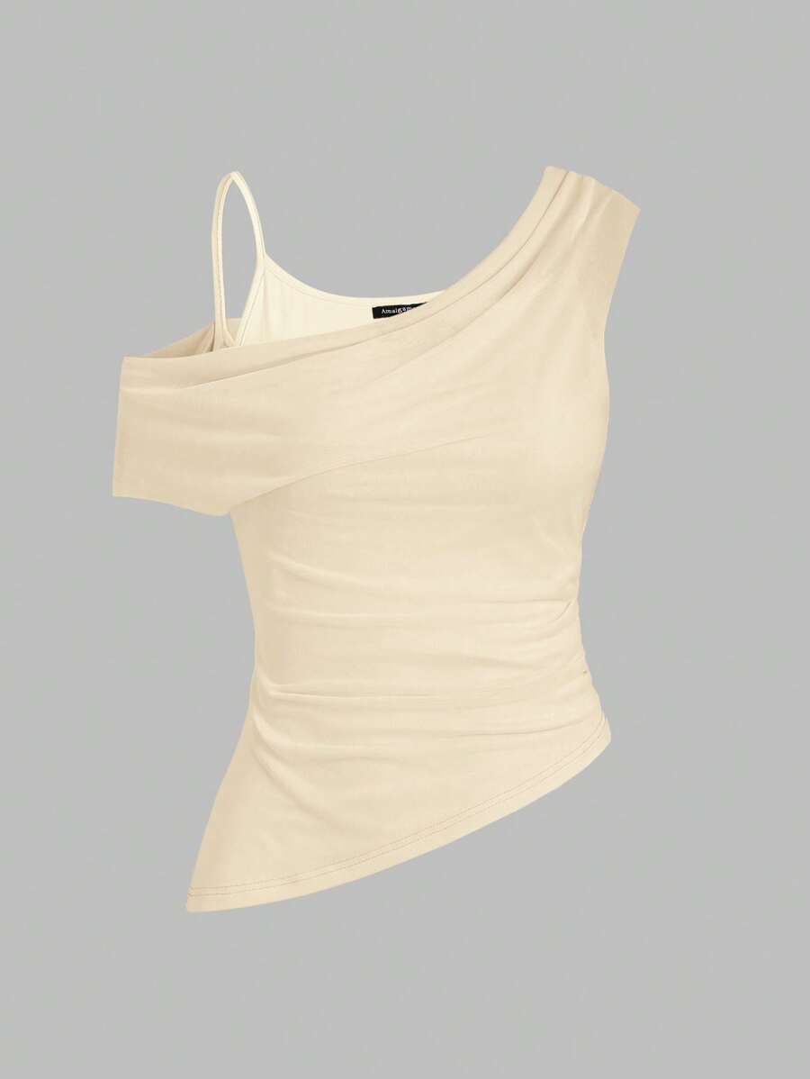 Sweetra Elegant & Sexy Solid Color Asymmetric Ruched Slim-Fit ...