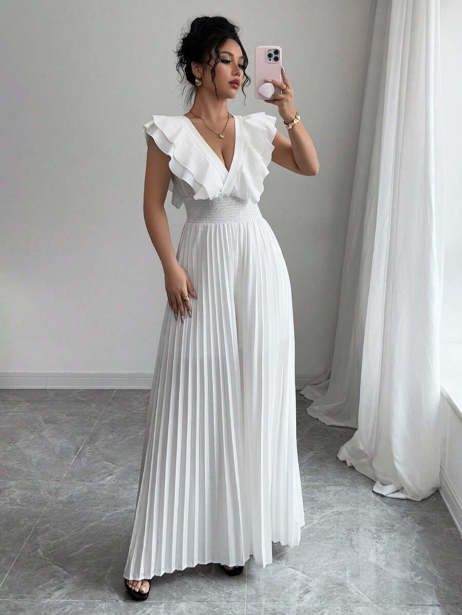 Elenzga Women's Solid Color Ruffle Waist Pleated Wide Leg Fashion ...
