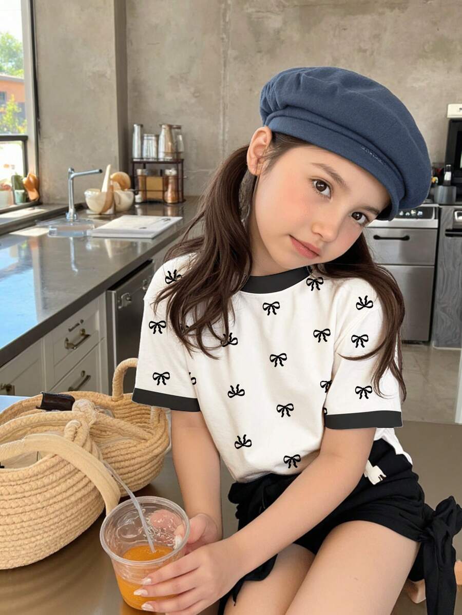 Tween Girls' Cute Bow Print Casual Simple Short Sleeve Round Neck T ...