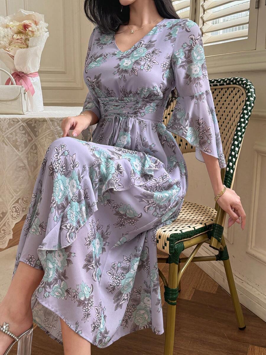 DAZY V-Neck Full Floral Print Ruffle Sleeve Midi Dress For Women | SHEIN USA