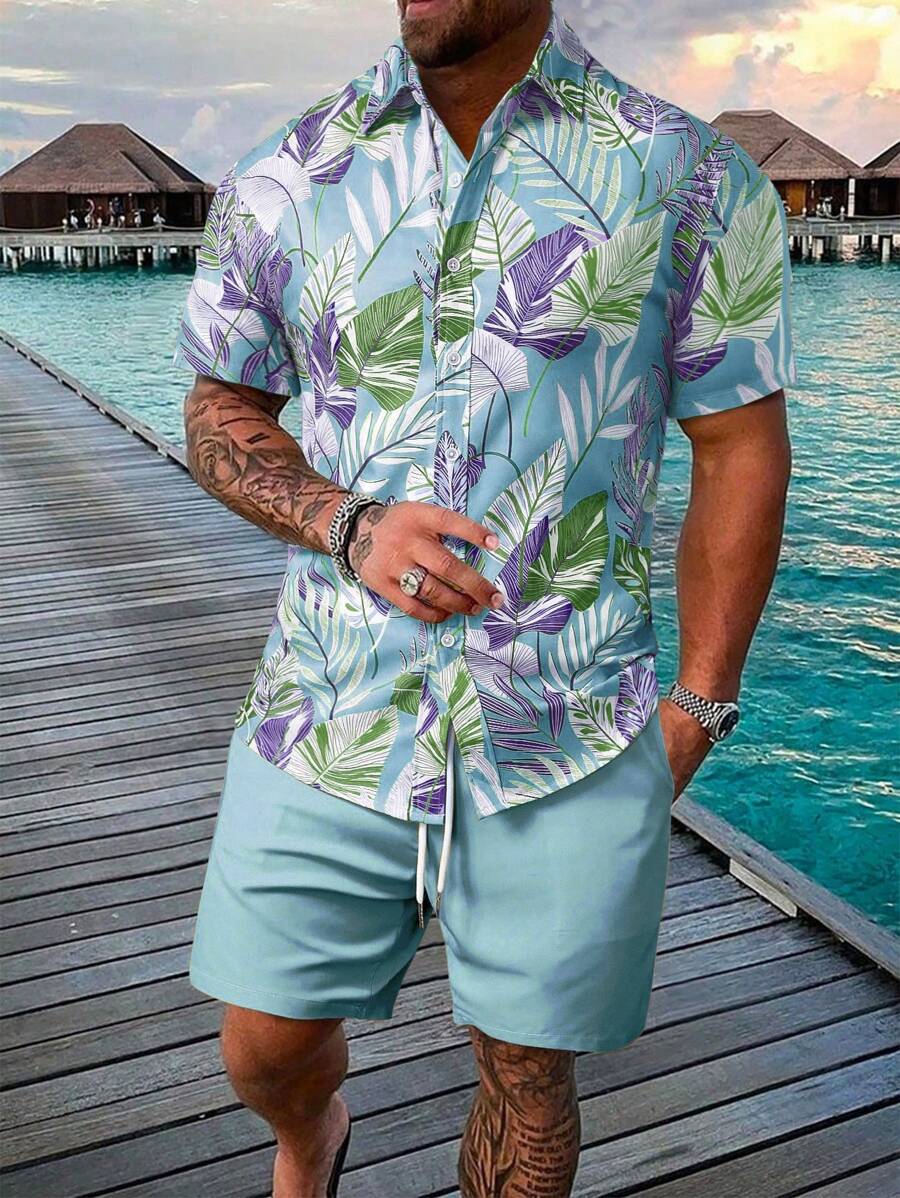 Manfinity RSRT 2pcs Men's Casual Tropical Plant Print Short Sleeve ...