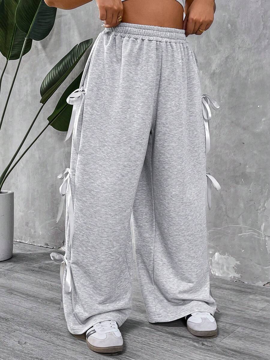 SHEIN PETITE CURVE Plus Size Grey Wide Leg Sweatpants With Bow Detail ...