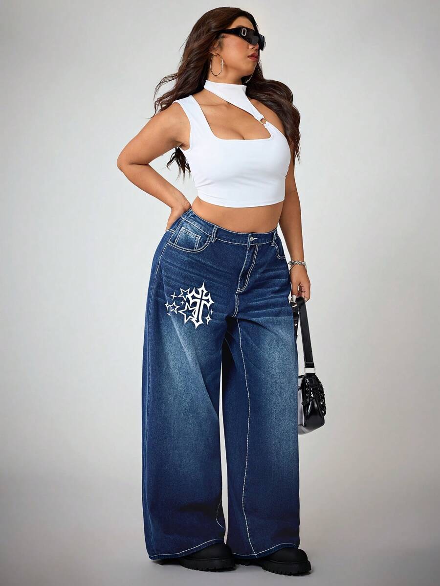 Jeanoix Plus Size Y2K Streetwear Cross Print Baggy Jeans for Sale Australia| New Collection ...