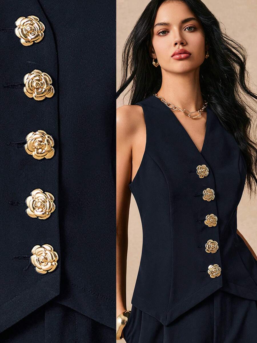 Poéselle Women's Elegant V-Neck Sleeveless Blouse With Gold Rose Button ...