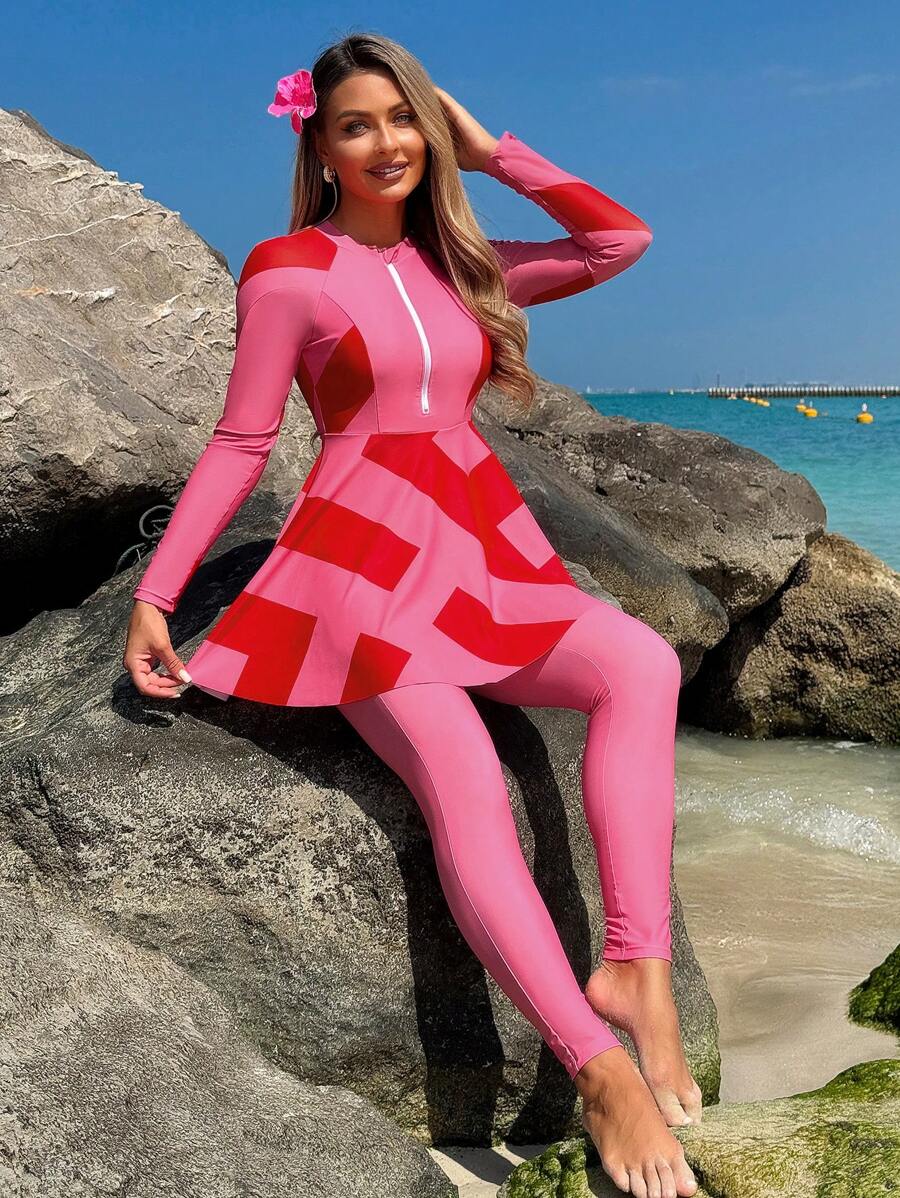 SHEIN Swim 2pcs/Set New Summer Printed Rash Guard & Leggings Swimsuit ...