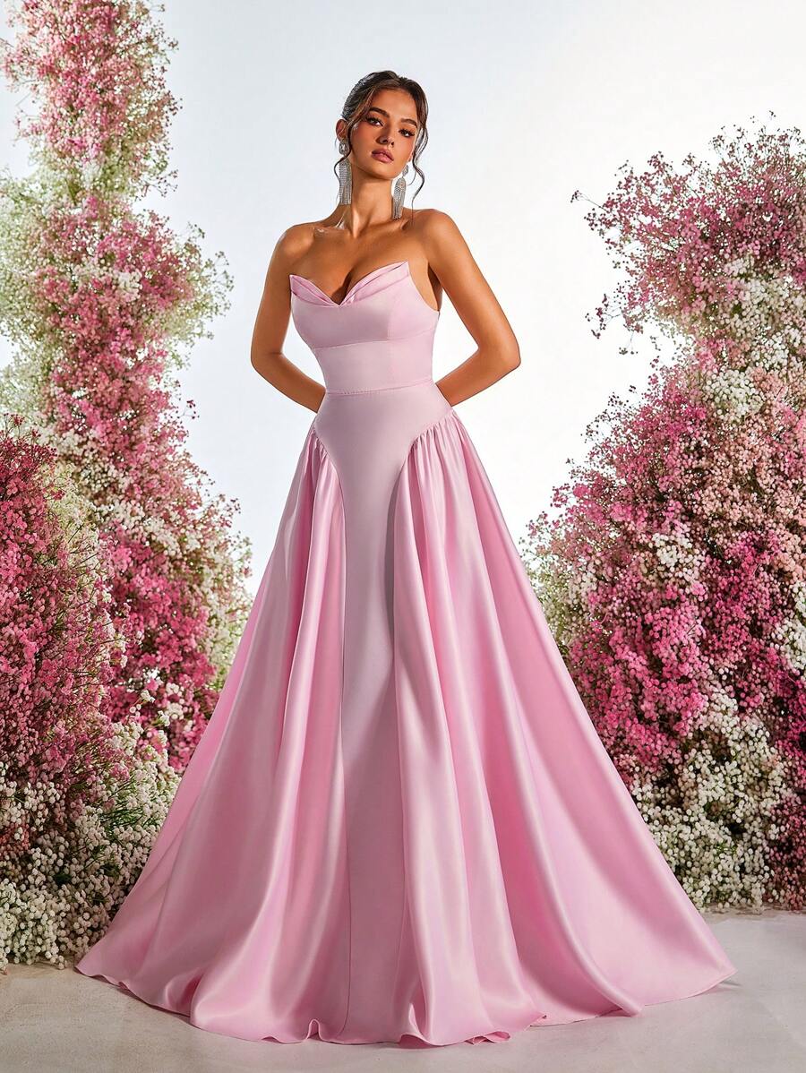 Glamrae Robe de soirée élégante et magnifique en satin rose, avec un ...