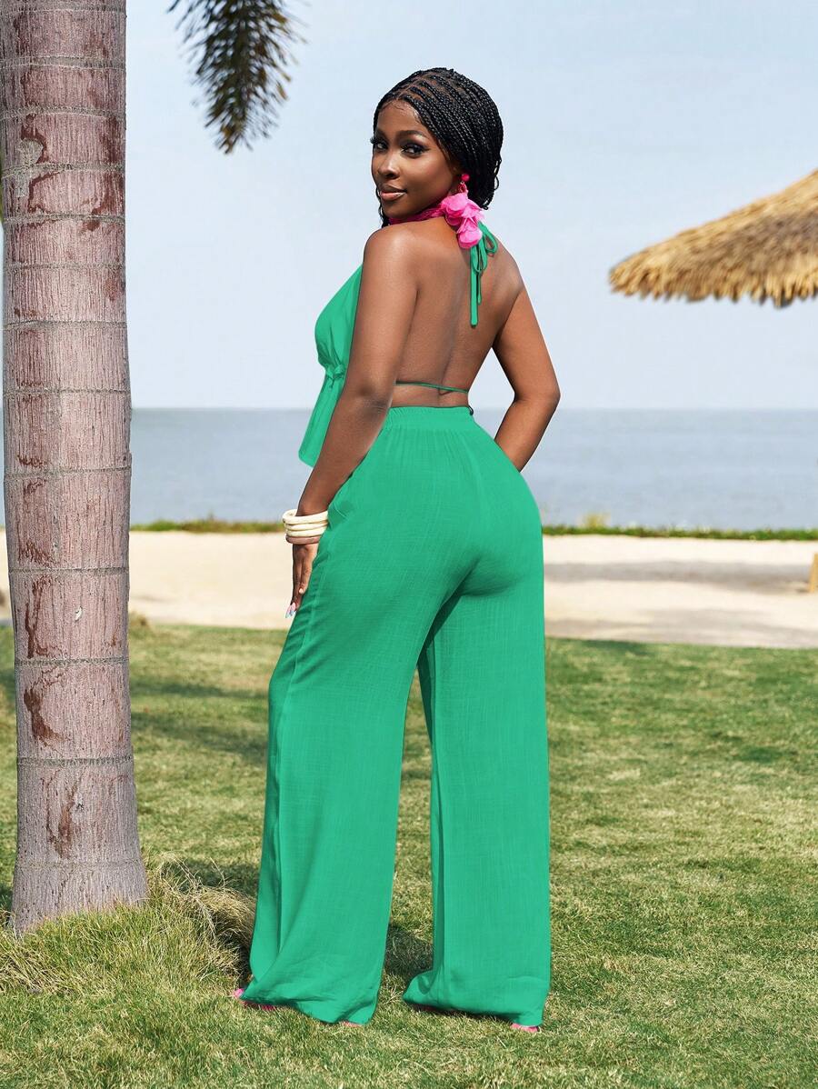 Slaydiva New Casual Vacation Halterneck Strappy Top + Wide-Leg Super Long Pants Bamboo Fabric ...