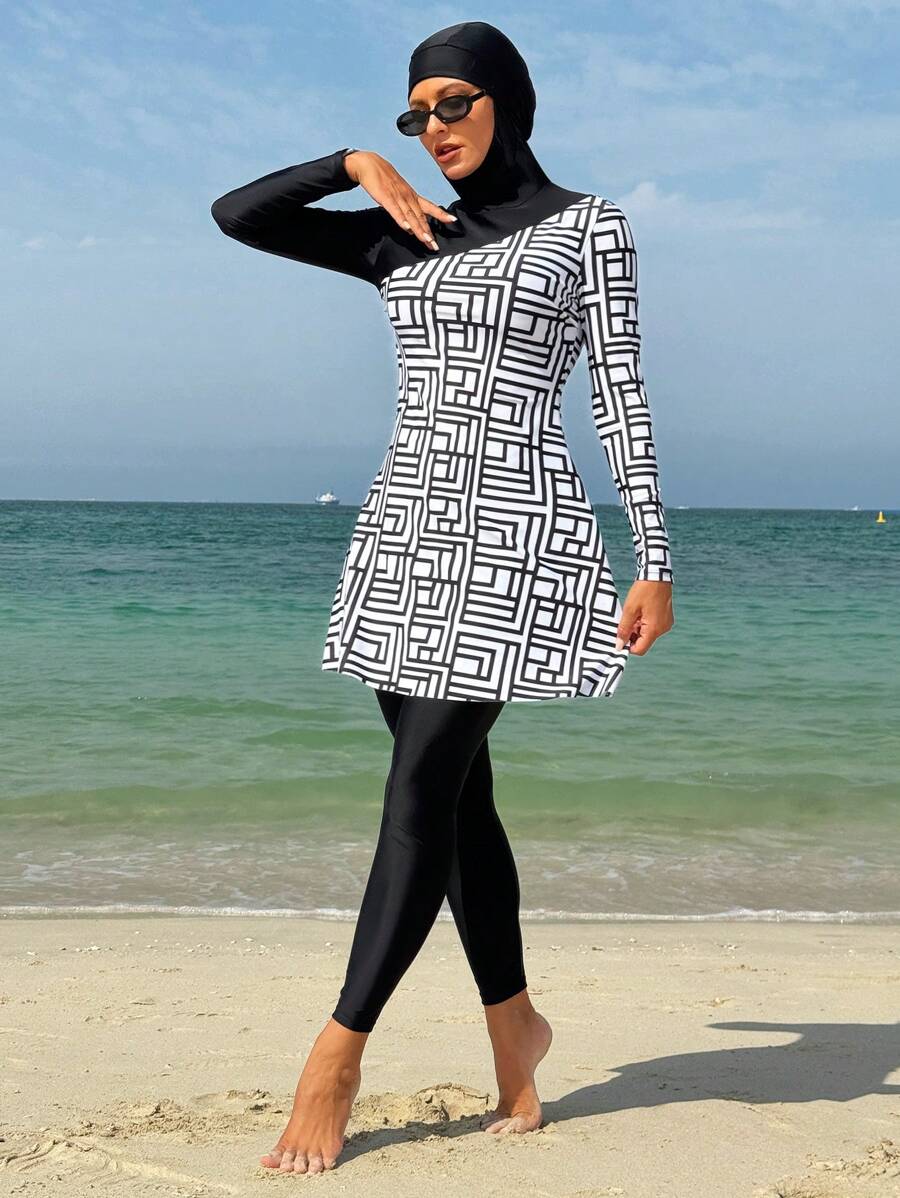 SHEIN Swim Mulvari Women's Elegant Black Herringbone Conservative ...