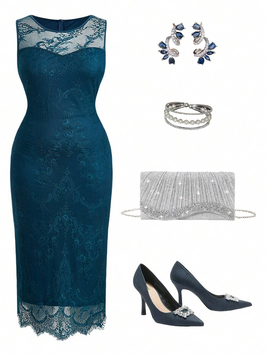 Ellevyn Elegant schlankes Spitzenkleid ohne Ärmel mit rundem Ausschnitt ...