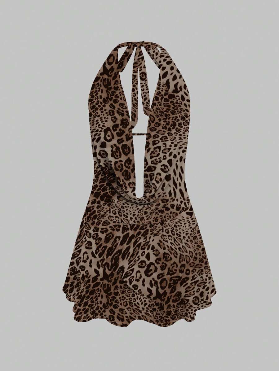 Rina Fox Women's Mini Halter Neck Leopard Print Dress, Casual And ...