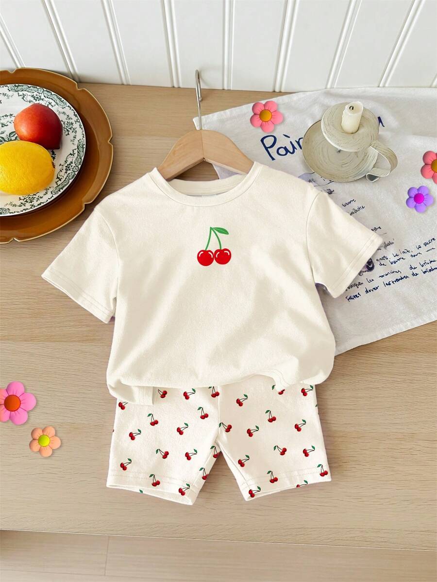 SHEIN Vintage Cherry Pattern Baby Girl Casual Minimalist Crew Neck ...