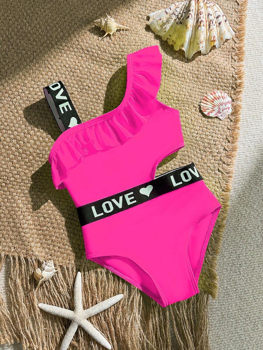 SHEIN Girls 1-Piece Cute & Bright Green Swim Suit With Oblique Ruffle ...