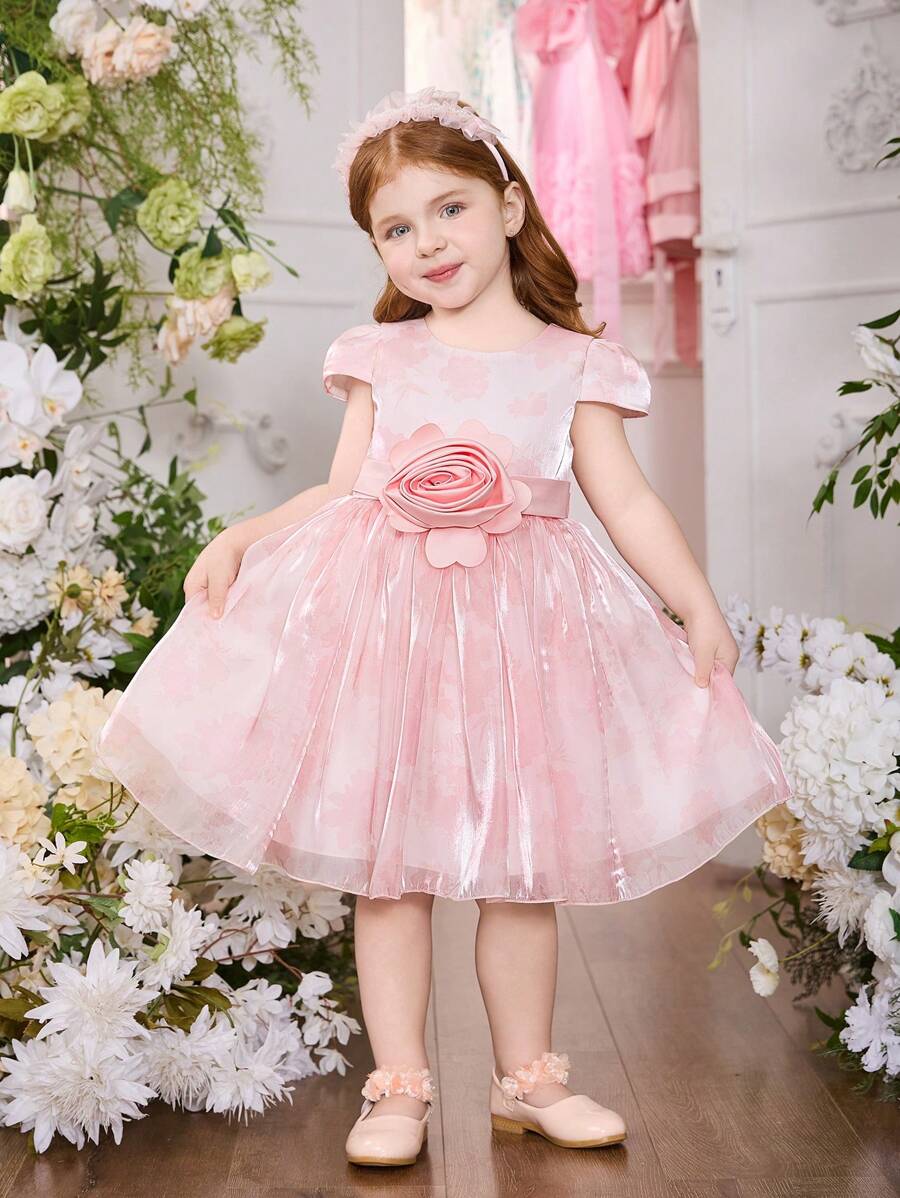 SHEIN Glamorique Kids 4-Season Girls Holiday/Casual Dress, Pink Waist ...