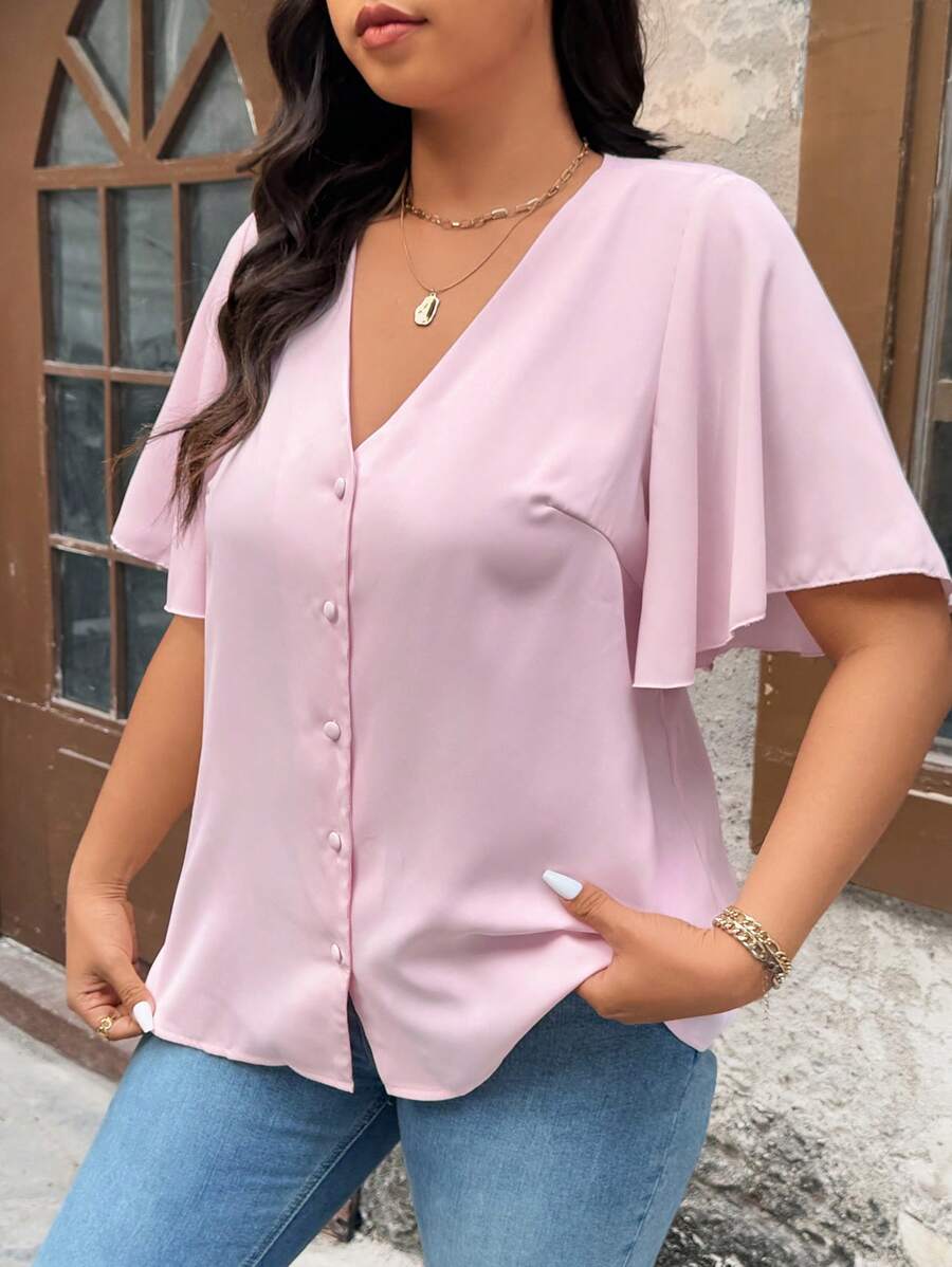 Calvaya Plus Size Solid V-Neck Button Front Short Sleeve Shirt | SHEIN USA