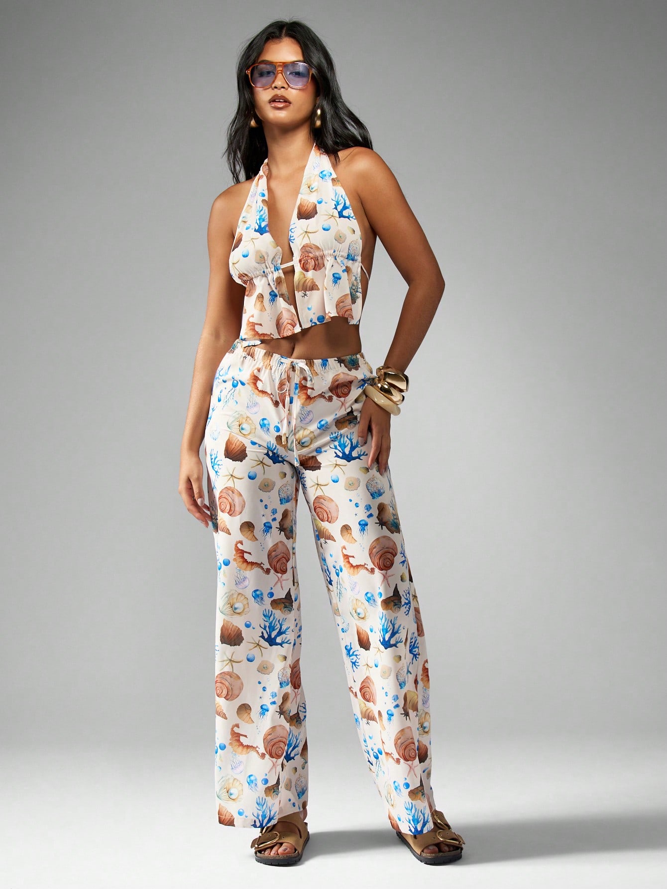 Printed Front Open Halter Neck Top And Wide Leg Pants Two Piece Co Ord ...