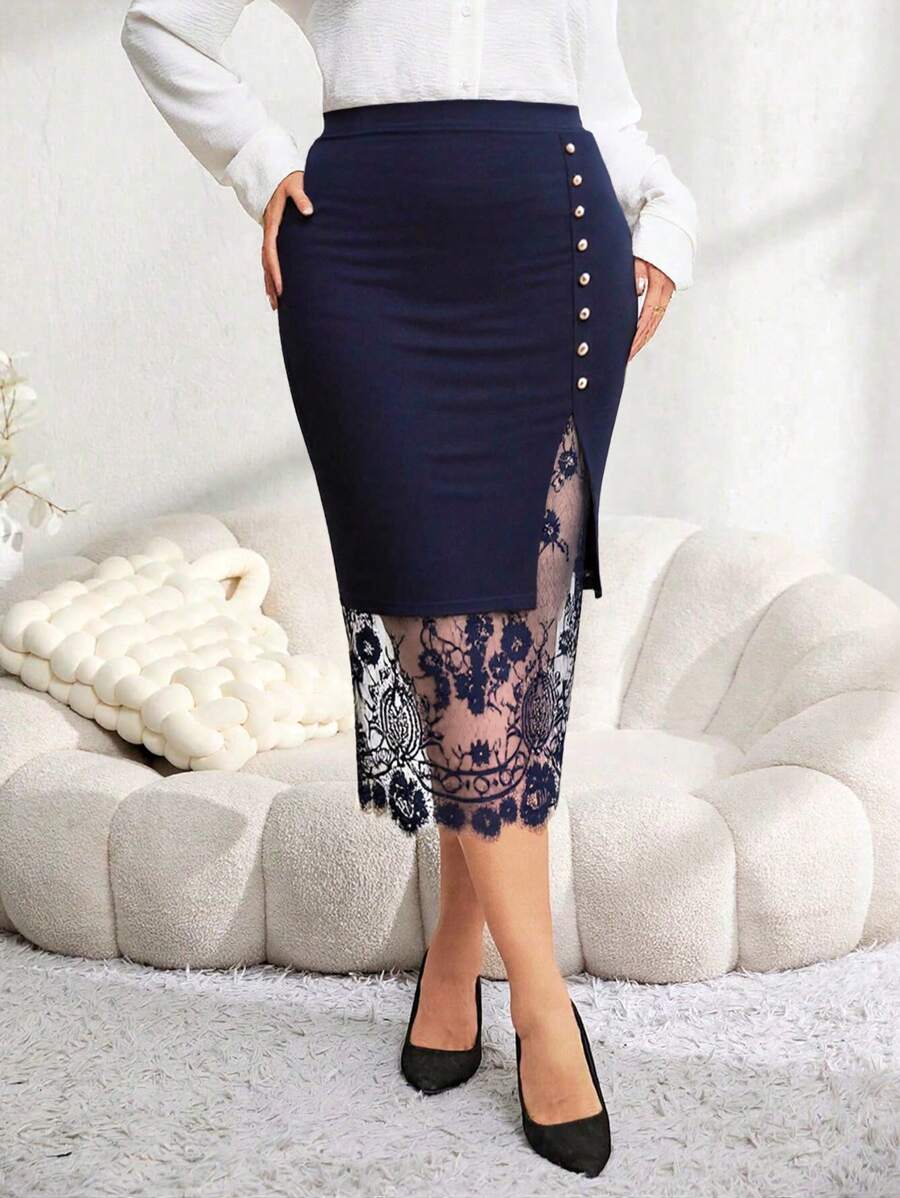 INAWLY Solva Plus Size Women Contrast Lace Button Design Elegant Pencil ...