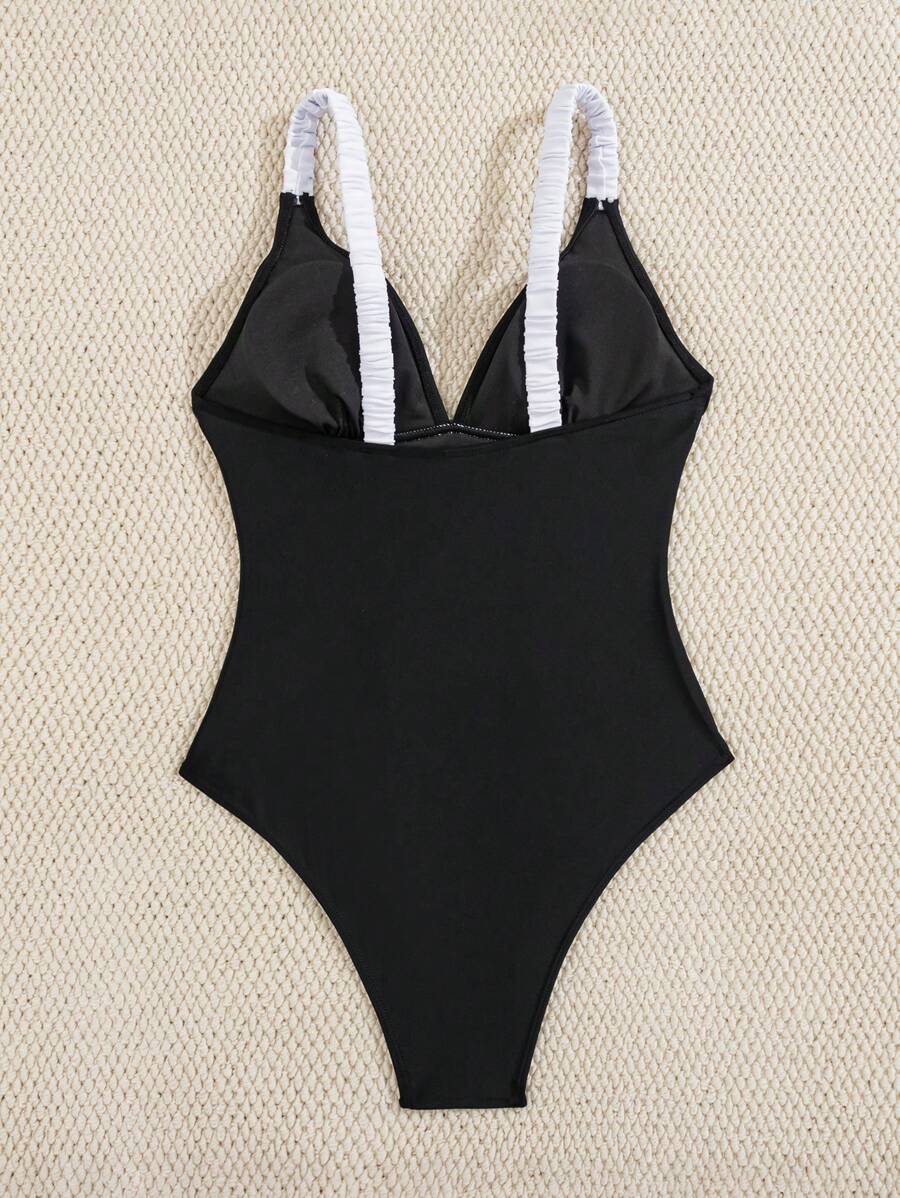 SHEIN Spring Break New Women One-Piece Color Block Ruffle Trim Solid ...