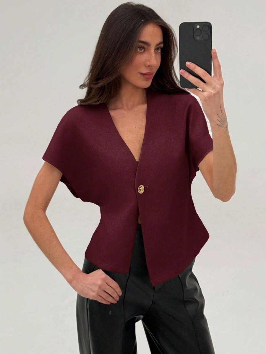 Aloruh Apricot Minimalist Office Commuter Wear Deep V Waisted Short ...