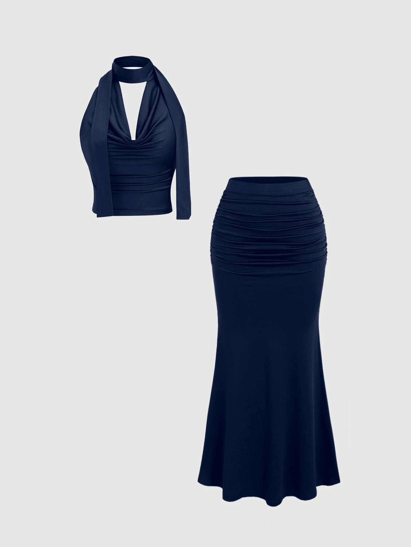 Sweetra Women's Vintage Draped Neck Backless Top & Fishtail Bodycon ...