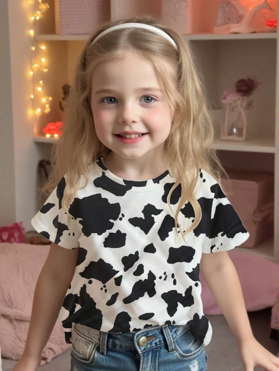 Young Girl' Casual Cute Pastoral Cow Print Short Sleeve Round Neck T-Shirt, Summer | SHEIN USA