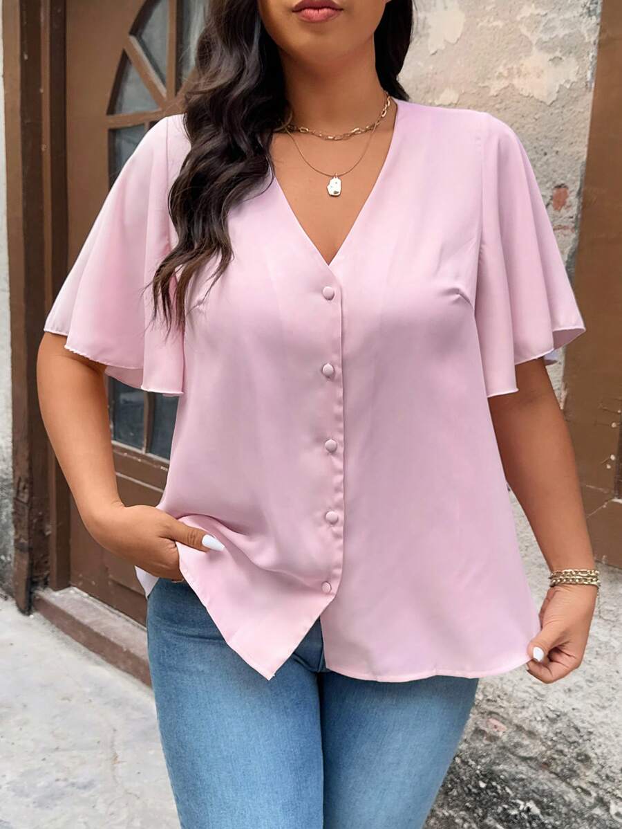 Calvaya Plus Size Solid V-Neck Button Front Short Sleeve Shirt | SHEIN USA