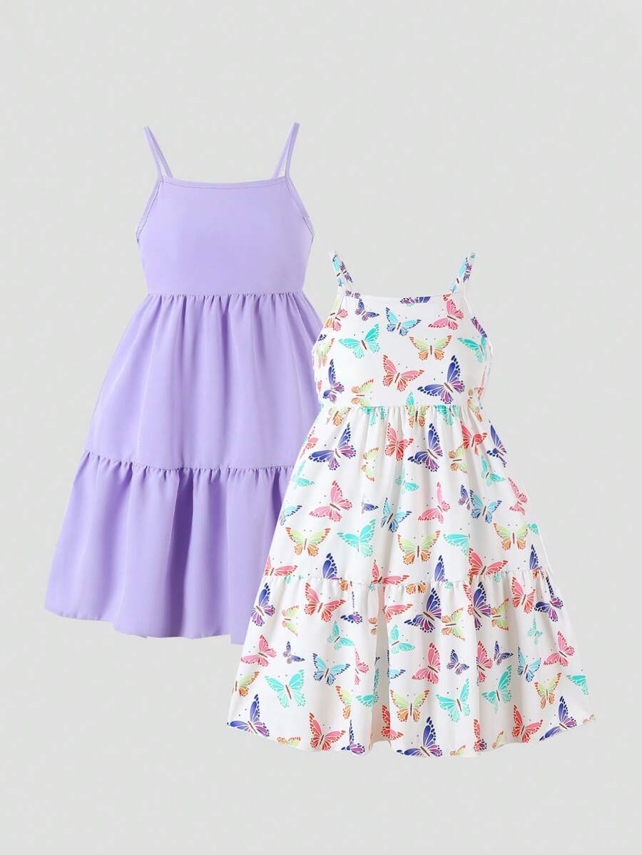 SHEIN 2pcs Tween Girl Colorful Butterfly Print & Solid Purple Dress Set ...