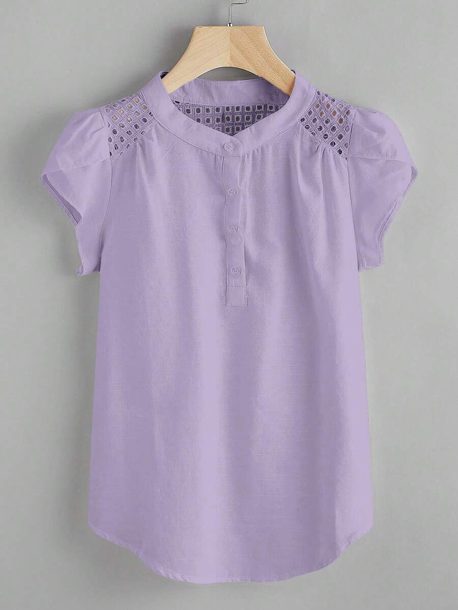 SHEIN Clasi Plus Size Women's Solid Color Button Half Placket Ruffle Sleeve Lace Patchwork ...