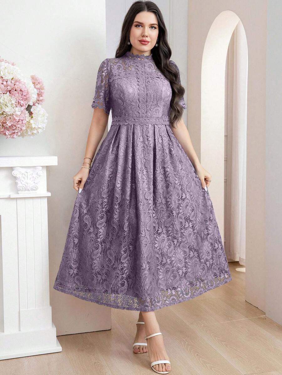 Modelyn Plus Size Solid Color Lace Splicing Fashion Party Dress Royal Blue Formal Dress Long ...