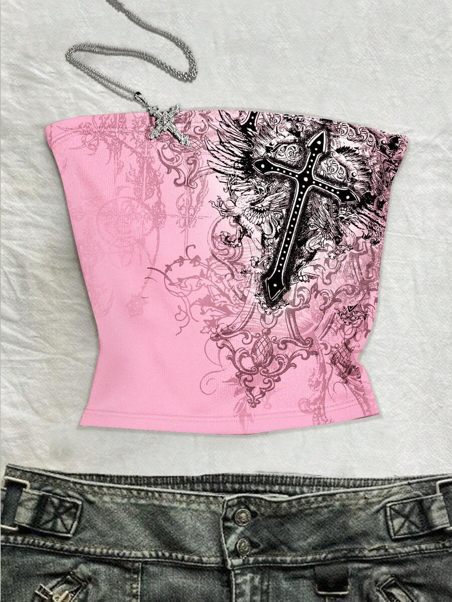 INAWLY Women's Gothic Vintage Tight Cross Print Bandeau Top | SHEIN USA