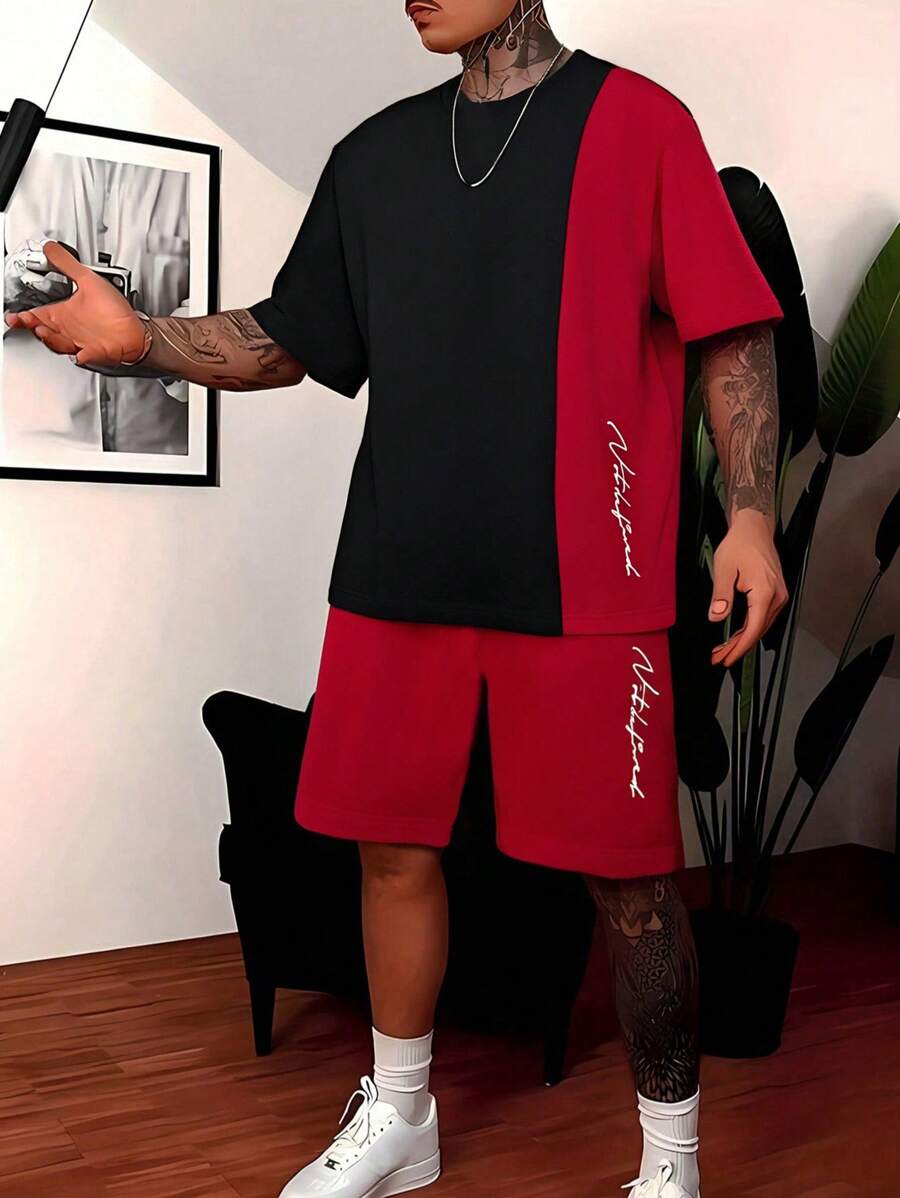 SHEIN 2pcs/Set Teen Boys Casual Patchwork Color Block Red & Black T ...