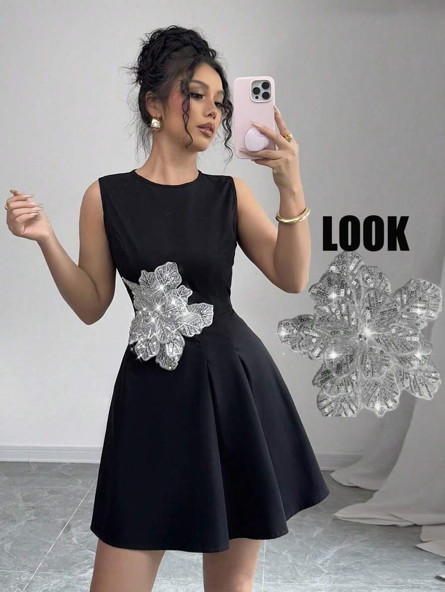 Chiquease Women's Elegant Glamorous Short Dress, Sequins Floral Decor ...