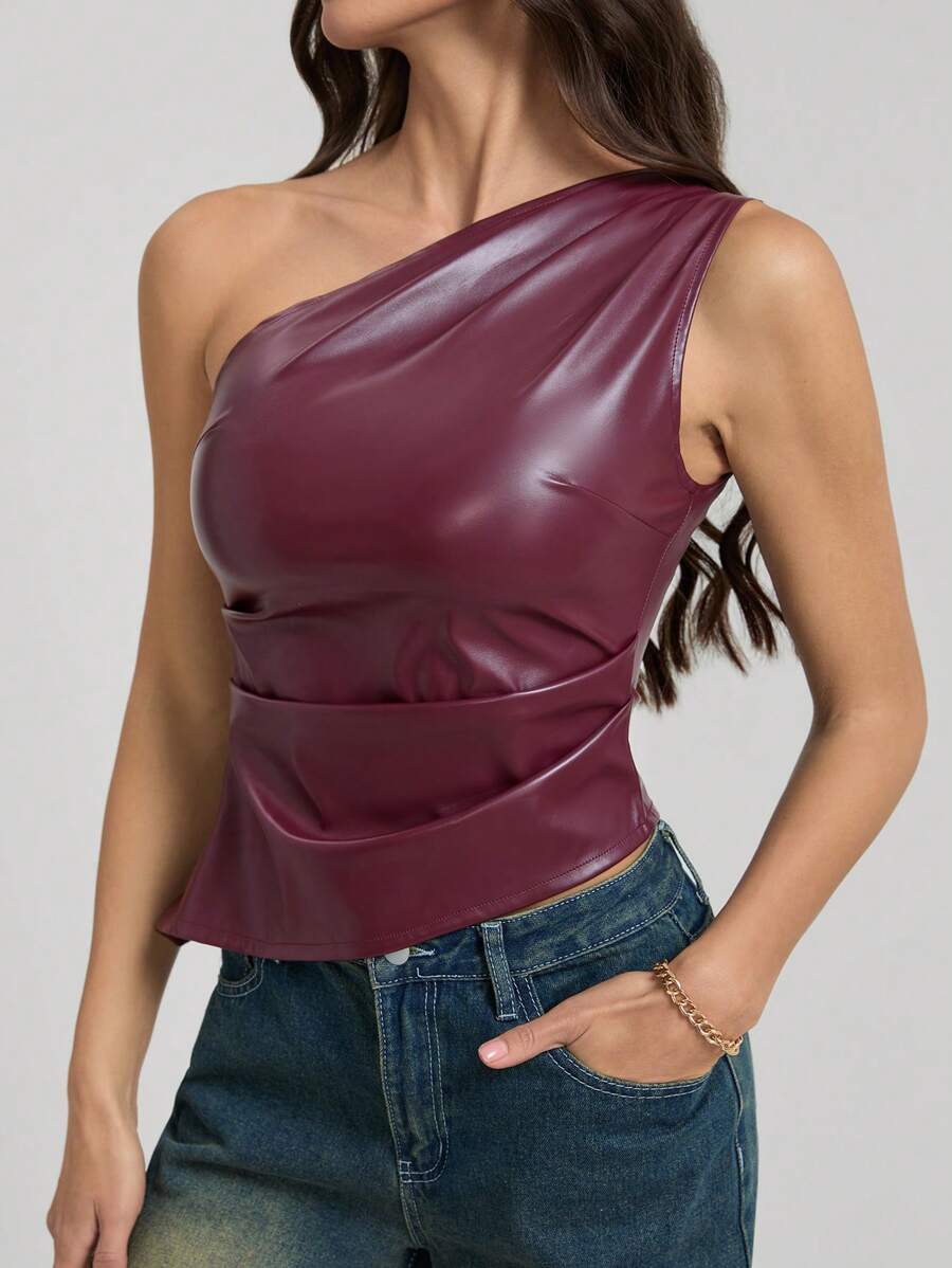 SHEIN Tall Burgundy Burgundy One-Shoulder Smocked PU Top For Women ...