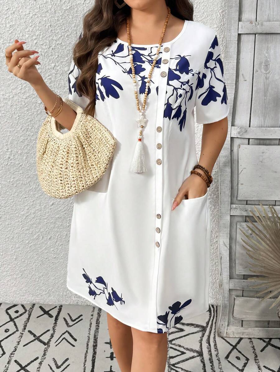 EMERY ROSE Plus Size Women Floral Printed Button Front Pocket Casual Dress | SHEIN USA