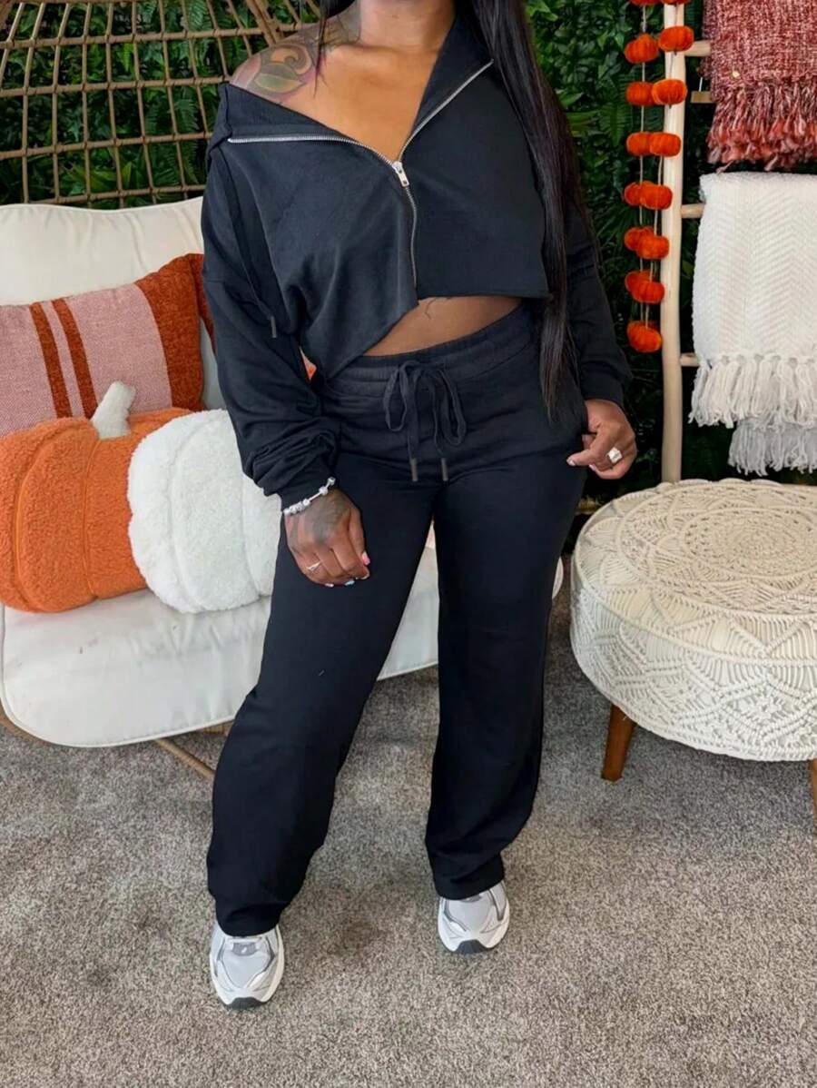 INAWLY 1 Set Women Plus Size Black Zip-Up Hoodie And Drawstring Waist ...