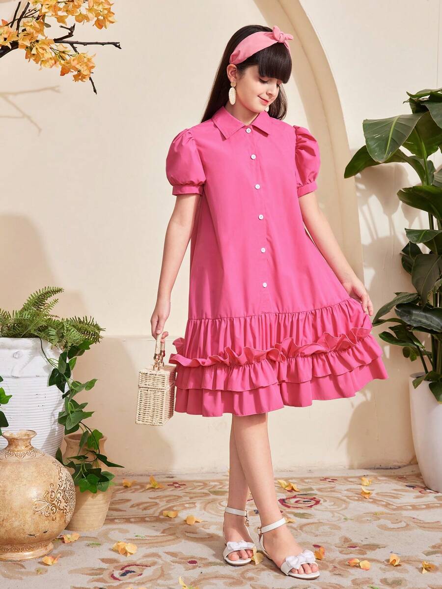 Tween Girls Plain Color Short Ruffle Trim Hem Casual Shirt Dress ...