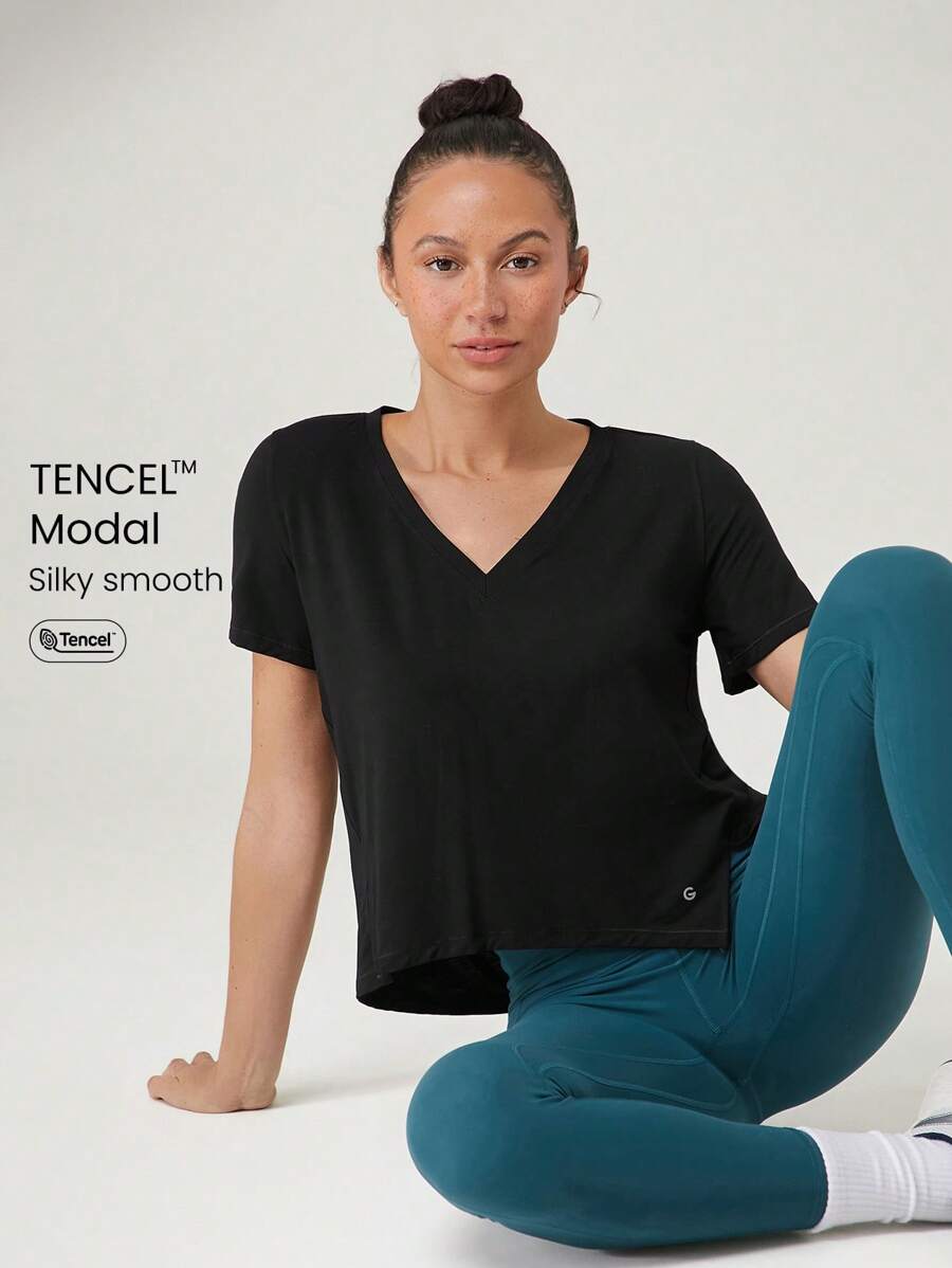 GLOWMODE Modal Silky Smooth Loose Fit Slit Hem V-Neck Tee T-Shirt Daily ...