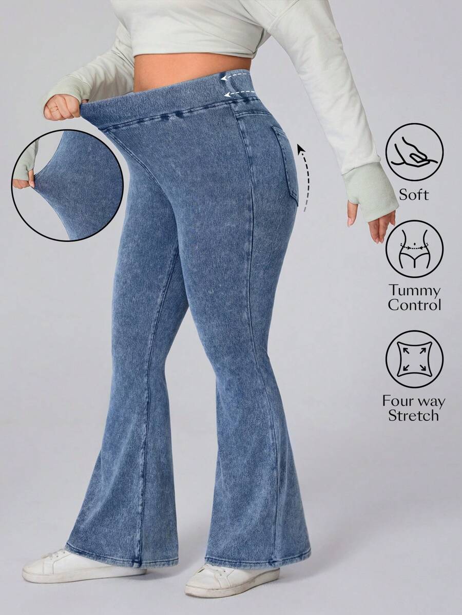 SHEIN CURVE+ Plus Size Women Elastic Waist Flare Casual Versatile Jeans ...