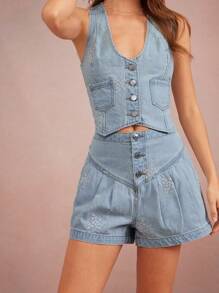 WESTFADE Western Cowgirl Cute High Rise V Shape Hem Pleated Denim ...